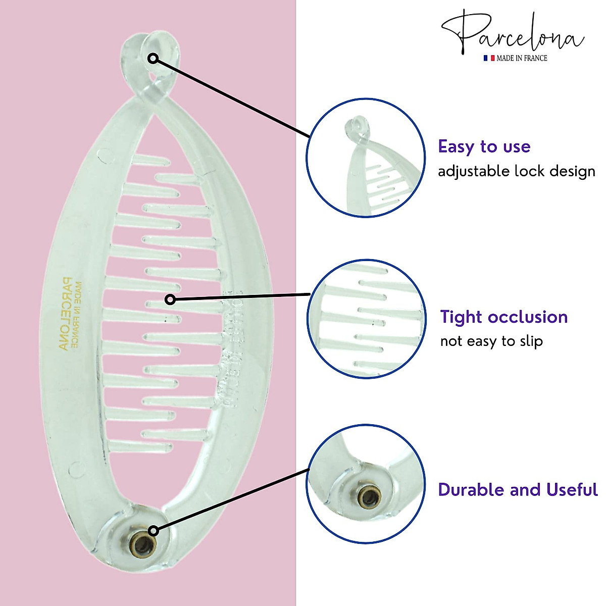 Parcelona French Effortless Mini Set of 2 Celluloid Banana Hair Clip for Fine Hair, Made in France (Clear)