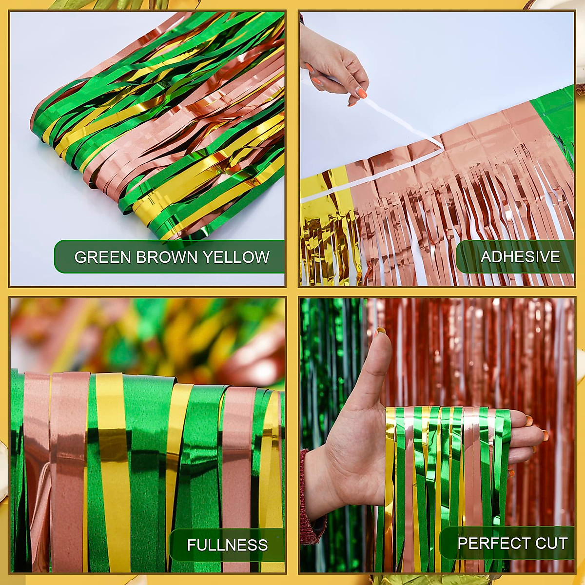 LOLStar Hawaiian Luau Party Decorations, 2 Packs of 3.3x6.6 ft Green Brown and Yellow Foil Fringe Curtains Tinsel Photo Booth Props, Streamer Backdrop for Hawaiian Tropical Party Decorations