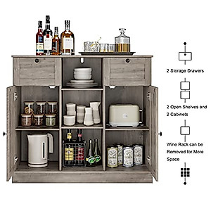 HOSTACK Buffet Sideboard Cabinet, Wine Bar Cabinet with Drawers and Removable Wine Rack, Coffee Bar Storage Cabinet with Shelves for Kitchen, Dining Room, Living Room, Ash Grey