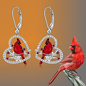 Cardinal Earrings for Women Sterling Silver 925 Red Cardinal Bird Earrings Dangle Cute Heart Cardinal Jewelry Memorial Valentines Mothers Day Gifts