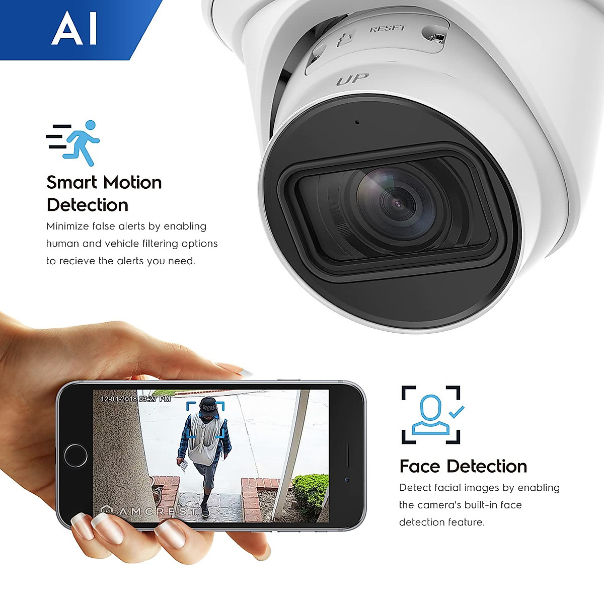 Amcrest 4K Optical Zoom AI IP PoE Camera, Varifocal 8MP Outdoor IP POE AI Camera Turret, Face Detection, Human/Vehicle Detection, 2.7mm~13.5mm Lens, IP67, 5X Optical Zoom (IP8M-VT2879EW-AI)