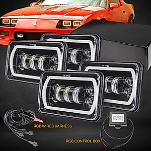 SEUYA 4x6 LED Headlights with RGB Halo Ring Music Mode Replacement H4651 H4652 H4656 H6545 Truck Chevrolet Kenworth Oldsmobile Ford Peterbilt