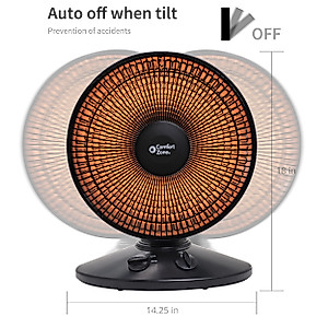 Comfort Zone Indoor Dish Space Heater with 70-degree Oscillation, Parabolic, Radiant, Electric, Adjustable Tilt, Tip Over Switch & Overheat Protection Sensor, Ideal for Garage, Workshop, 1,000W, CZ998