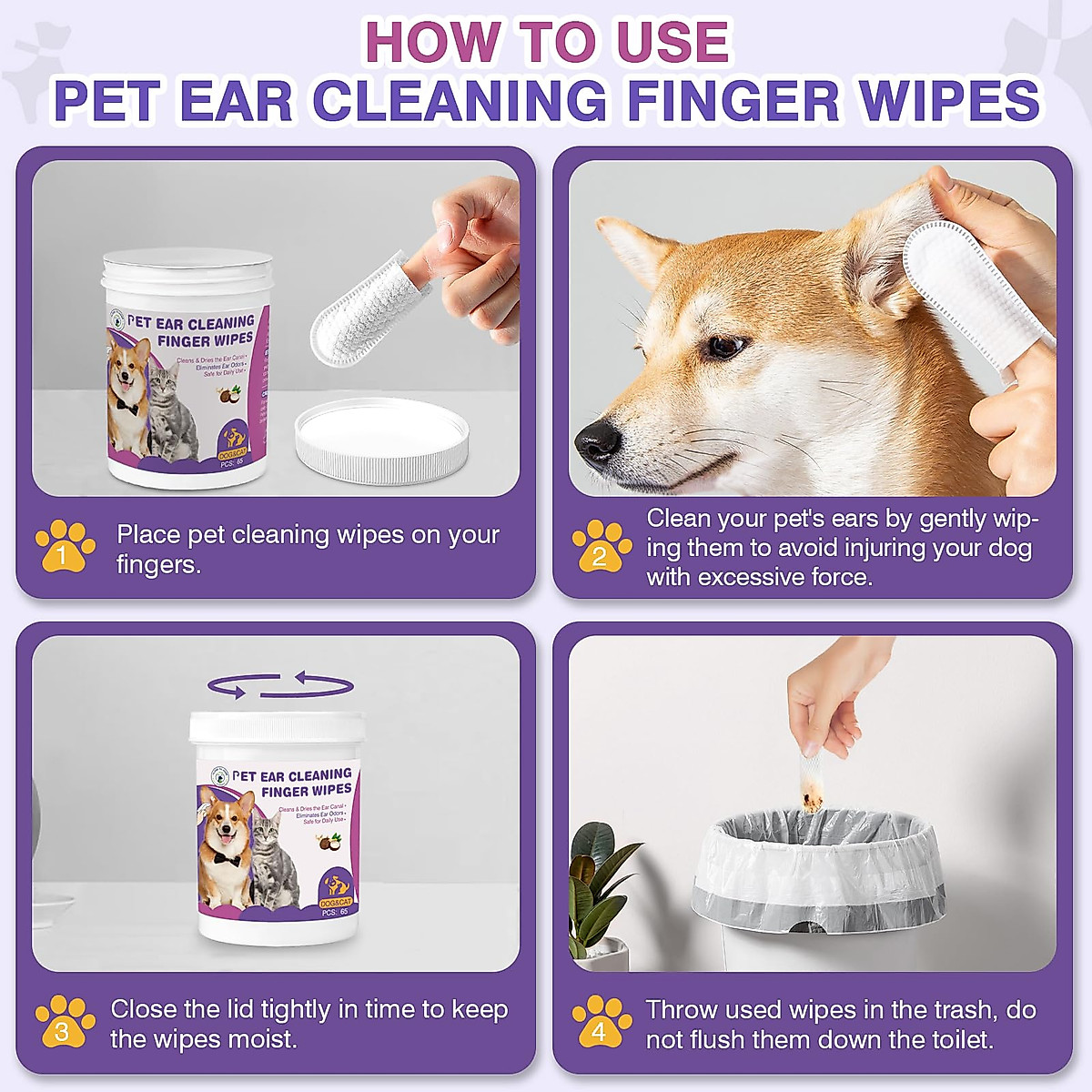 65pcs Pet Ear Cleaning Finger Wipes Cat Dog Ear Wipes Cleaner Cat and Dog Care Remove Earwax Debris Deodorize Relieve Ear Itching and Inflammation Non-Irritating Easy to Use Plant Fragrance