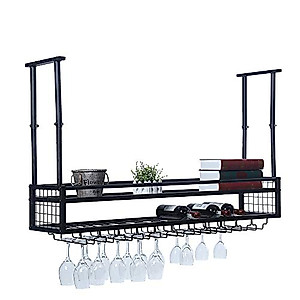 Industrial Hanging Wine Rack with Glass Holder and Shelf,Adjustable Ceiling Bar Wine Glass Rack,2-Layer Metal Wall Mounted Wine and Glass Rack,Iron Bottle Holder Wine Shelf(47.2in,Black)