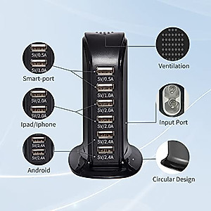 Wyssay 10A(50W) 6-Port Independent Desktop USB Charging Station,Multi USB Fast Charger Compatible with iPhone 13/13pro Max 12/12 Mini/12Pro/12 Pro Max/11/11 Pro iPad AirPod,Tablets（Black）