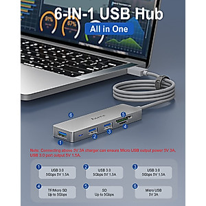 Aceele 5Gbps USB 3.0 Hub, 6 in 1 Ultra Slim Data USB Hub with 4ft Extended Long Cable, USB Multiport Hub with Micro USB Powered Port, SD/TF Card Slot Port, Compatible for PC, Laptop, MacBook
