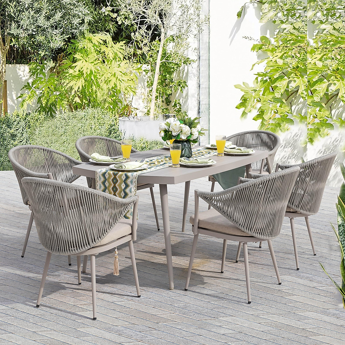 NUU GARDEN Patio Dining Chairs Set of 1, Woven Rope Outdoor Dining Chairs, All-Weather Aluminum Arm Chairs with Cushions for Garden, Deck, Backyard, Balcony, Lawn, Indoor, Beige