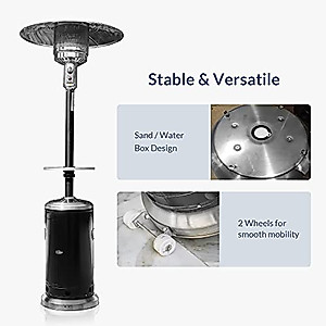 BELLEZE 48,000 BTU Propane Patio Heater Outdoor, CSA Certified Patio Heater with Drink Shelf Table, Auto Shut Off Valve, Piezo Ignition System, Wheels for Portable Mobility - Black Stainless Steel