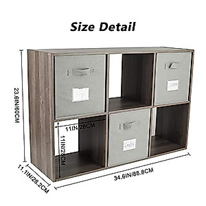 TQVAI 6 Cube Storage Organizer, Wood Storage Cubes Shelf with Fabric Storage Bin, Retro Grey