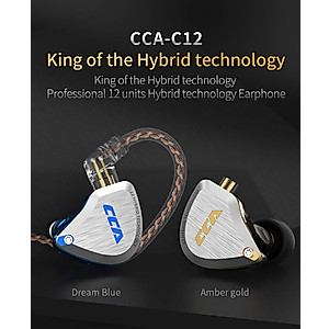 CCA C12 5BA+1DD in Ear Monitor,HiFi Bass in Ear Earphone, IEM Wired Headphones, HiFi Stereo Sound Earphones Noise Cancelling Ear Buds with 6 Balanced Armature Drivers 0.75mm 2pins Cable(No Mic,Gold)