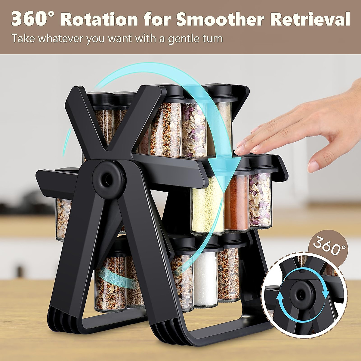 Bvdfgk Ferris Wheel Spice Rack Organizer - 18 Pcs Rotating Spice Rack with Empty Glass Jars and Round Labels, Kitchen Countertop Revolving Seasoning Organization with Funnel