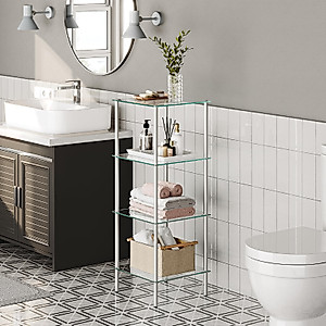 HOOBRO Glass Shelf, 4 Tier Standing Shelf Unit, Durable Glass Shelving Stand for Small Space, Space-Saving, for Bathroom, Bedroom, Home Office, Tempered Glass, Steel Frame, Silver SV04CJ01