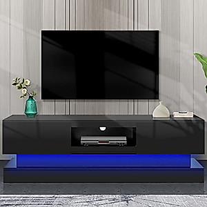 YISUYA Modern Tv Stand, Black Morden TV Stand with LED Lights, High Glossy Front Tv Cabinet, for TV up to 63 Inch, Floor Tv Wall Cabinet, Modern TV Stand, for Living Room or Bedroom