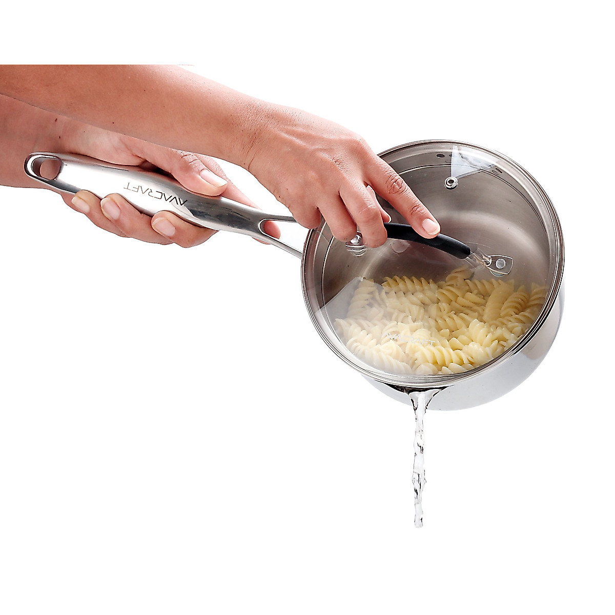 AVACRAFT Stainless Steel Saucepan with Glass Strainer Lid, Two Side Spouts for Easy Pour with Ergonomic Handle, Multipurpose Sauce Pot (Tri-Ply Capsule Bottom, 2.5 Quart)