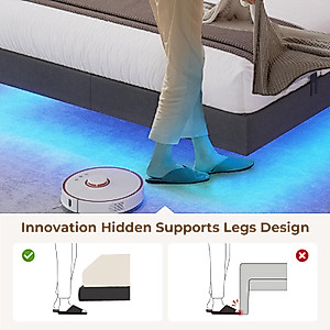 ADORNEVE Floating Bed Frame Full Size, LED Bed Frame Linen Upholstered Platform Bed with Underbed Storage Space, Heavy Steel Slats Support, No Box Spring Needed, Noise Free，Dark Grey