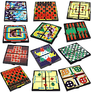 Mini Magnetic Board Games - Set of 12 Individually Packaged Travel Games for 2 players - Checkers Chess Solitaire Tic Tac Toe and Much More. Mini Games for Kid s