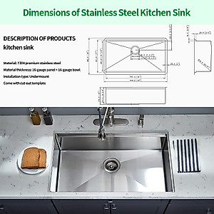 EcoChannels Undermount Kitchen Sink, 33 x 19 Inch Sink Kitchen 16 Gauge Stainless Steel Kitchen Sinks Single Bowl Workstation Sink with Cutting Board