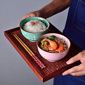 Panbado 5 Pcs Ceramic Bowls Set, 330ml Japanese Style Porcelain Bowls, 5 Colors Rice Bowl Set With White Cherry Blossom Pattern For Dessert Snack Cereal Soup