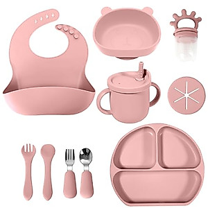 Silicone Baby Feeding Set | Baby Led Weaning Supplies | Toddler Self Feeding Dish Set with Suction Bowl, Divided Plate,Sippy Cup Spoons Forks Teether and Adjustable Bib, Eating Utensils for 6+Months