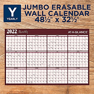 2022 Erasable Calendar, Dry Erase Wall Planner by AT-A-GLANCE, 48" x 32", Jumbo, Horizontal, Reversible, Red (A152)