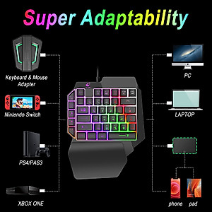 One Handed Gaming Keyboard and Mouse Combo,Rainbow Backlit 39 Keys Mechanical Feel Portable Mini Gaming Keypad+RGB Gaming Mouse+G6L LED Backlit Converter for Xbox One/Xbox 360/PS5/PS4/PS3/PC