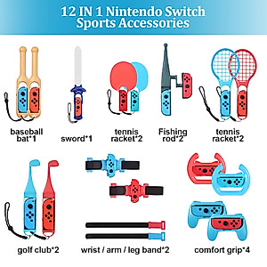 2023 Switch Sports Accessories,12 in 1 Nintendo Switch Sports with Tennis Rackets,Sword Grips,Golf Clubs,Wrist Dance Bands & Leg Strap,Joy-con Wrist Band