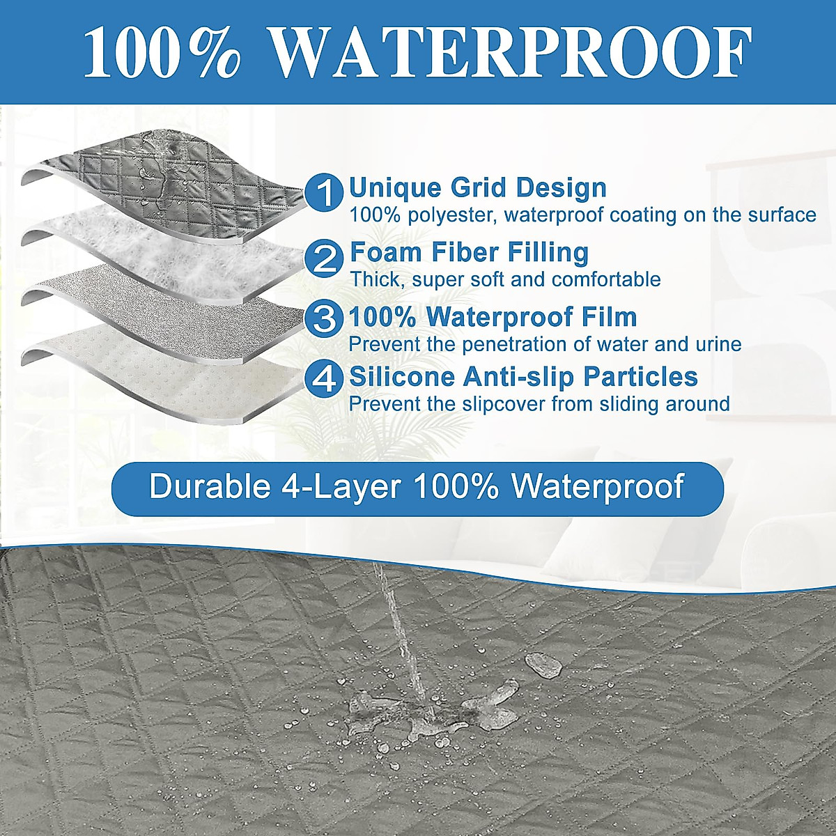 ALIECOM 100% Dual Waterproof Corner Sectional Couch Covers L Shape 3 Piece L Shaped Sectional Sofa Cover for Dogs Pets Living Room U Sectional Slipcovers Set Washable Slip Covers (Dark Gray, Large)