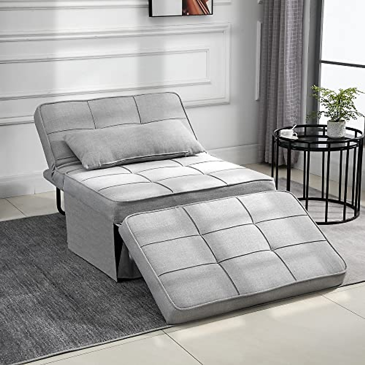 HOMCOM 4-in-1 Design Convertible Sofa Tea Table Lounge Chair Single Bed with 5-Level Adjustable Backrest, Footstool and Metal Frame for Living Room Bedroom, Grey