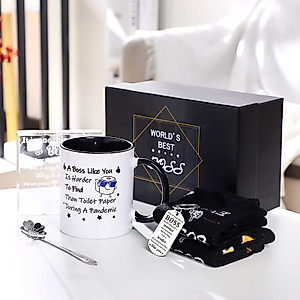 Sieral 5 Pcs Christmas Leader Gifts Set Leader Day Mug Leader Acrylic Sign Socks Keychain with Gift Box for Female Men(Novel Style)