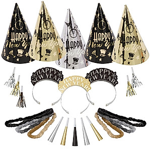 Amscan Midnight Party 2025 New Years Eve Decorations Party Supplies for 10, Includes Cone Hats, and Glitter Tiaras Multicolored