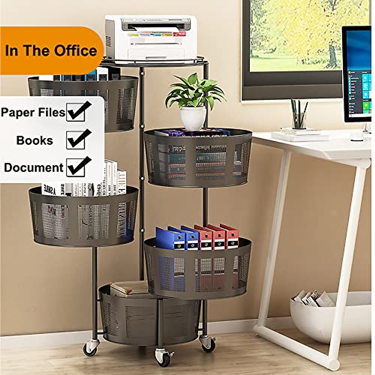 Rotating Multi-Layer Kitchen Storage Shelf 360°Rotating Vegetable Rack Round Storage Baskets Kitchen Storage Rack Floor-Standing with Wheels Household Storage Baskets for Kitchen Living Room