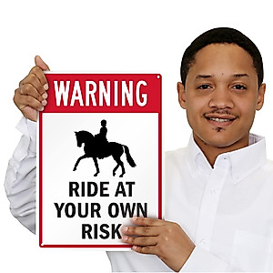 SmartSign 14 x 10 inch “Warning - Ride At Your Own Risk” Metal Sign with Graphic, 40 mil Laminated Rustproof Aluminum, Red, Black and White, Made in USA