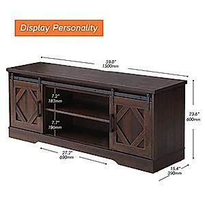 WAMPAT Farmhouse TV Stand Modern Sliding Barn Door Entertainment Center for TVs Up to 65 inch, Wood TV Media Console Table Cabinet Storage for Living Room, Rustic Brown