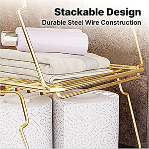 BENOLDY Rustproof Foldable Gold Metal Wire Kitchen Cabinet Storage Rack - Stackable Shelf Organizer for Plates, Dishes, Counters & Pantry Organization