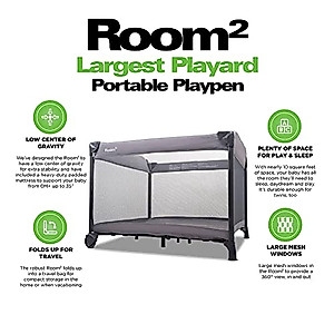 Joovy Room² Large Portable Playpen for Babies and Toddlers with Nearly 10 sq ft of Space, Large Mesh Windows for 360 View, and Waterproof Mattress Sheet - Folds Easily when Not in Use (Charcoal)