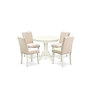 East West Furniture ANAB5-LWH-02 5Pc Round 36" Table and 4 Parson Chair White Leg and Linen Fabric Light Beige