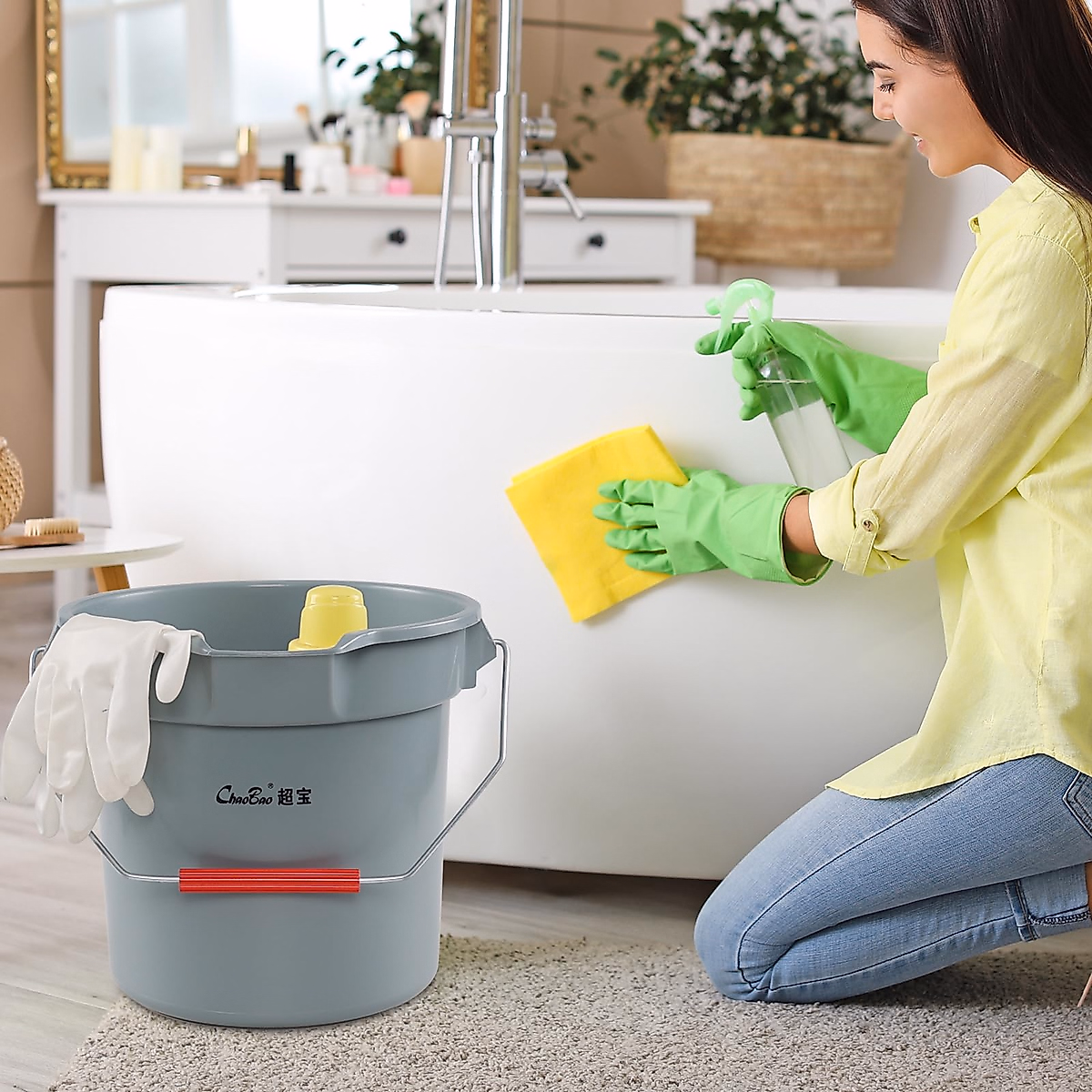 Jekiyo 4 Pack 14 Quart Commercial Cleaning Bucket with Handle, Gray, Plastic Round Utility Pail