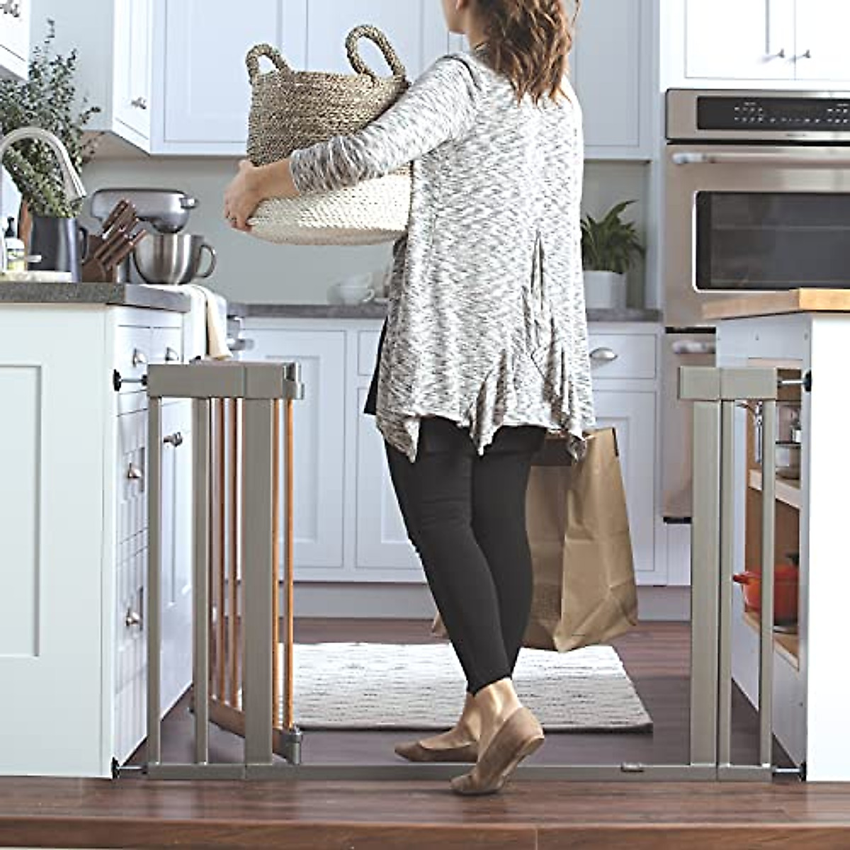 Summer West End Safety Baby Gate, Honey Oak Stained Wood with Slate Metal Frame – 30” Tall, Fits Openings up to 36” to 60” Wide, Baby and Pet Gate for Wide Spaces and Open Floor Plans