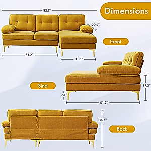 LANELIFE 79" W 3-Seat Sofa, L Shaped Sectional Sofa Bed,with Extra Wide Chaise Lounge and Gold Legs, Chenille Couch for Living Room, Apartment and Small Space (Golden)