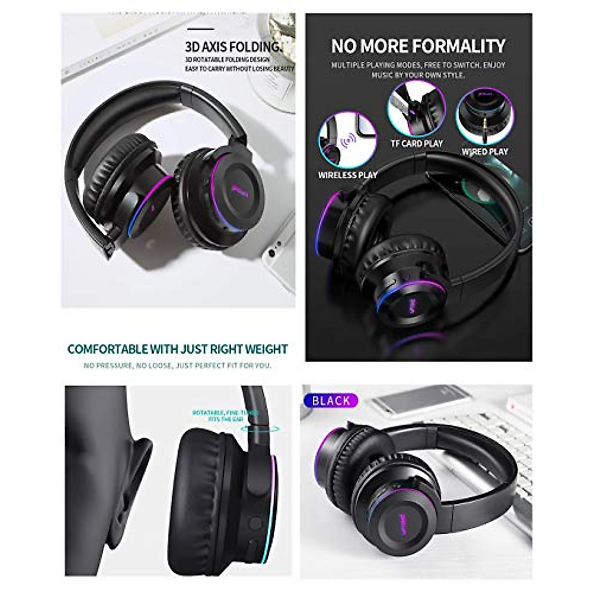 Wireless Glowing Headset Foldable Headphones Bluetooth 5.0 Fingers Touch Control with MIC TF Card 3.5mm Audio Port deep bass (Black Color)