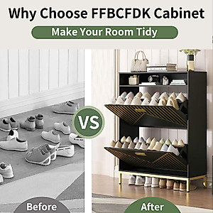 FFBCFDK Shoe Cabinet Storage for Entryway,Shoe Storage Cabinet with 2 Flip Drawers, Shoe Organizer Cabinet with 2 Tier Narrow Shoe Rack Organizer Wooden Shoe Rack for Front Door Entrance, Closet