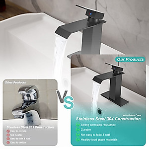 M OUDEMEI Waterfall Spout Bathroom Sink Faucet, 4 Inch Centerset Vanity Sink Faucet, Single Handle Lavatory Faucet, Mixer Tap with Deck Plate for 1 OR 3 Hole Easy Installation (Matte Black)