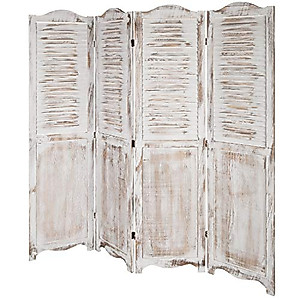 MyGift Room Divider, 4-Panel Antique Whitewashed Wood Louvered Shabby Chic Home Decor Dressing Screen with Dual-Action Hinge