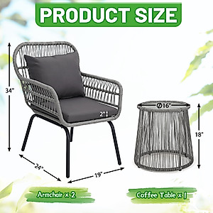 wildformers 3 Pieces Rattan Wicker Bistro Set, Outdoor Conversation Set, Wicker Rattan Furniture Set with Glass Top Table, Space Saving for Balcony, Backyard, Grey