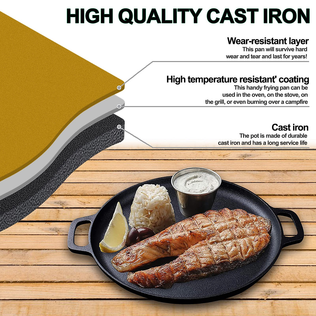 KAVSI Cast Iron Pan, Pizza Pan with Dual Handle, Baking Pan, Cast Iron Skillets for Cooktop, Oven, BBQ-12 Inch Pizza Cooker with 7 Pcs Accessories
