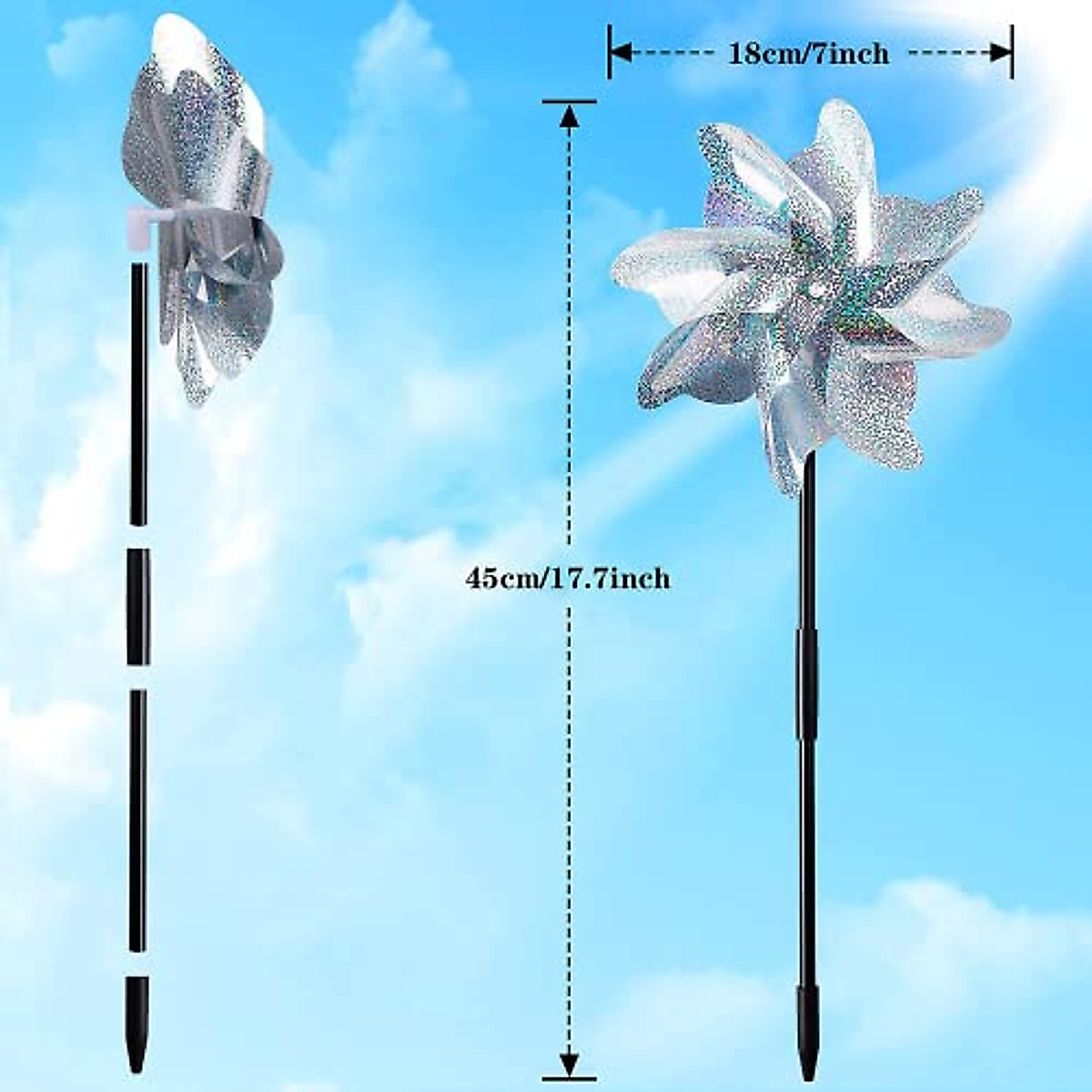 16 PCS Reflective Pinwheels with Stakes, NOVWANG Extra Sparkly Pinwheels for Yard and Darden, Garden Pinwheels Bulk, Bird and Animal Deterrent Device to Scare Birds Away from Patio(Silver)