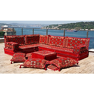 Red L Shaped Corner Arabic Sofa Seating, Arabic Majlis, Sectional Sofas, Moroccan Livingroom Home Decor, Turkish Floor Sofas (L Sofa Full Set)
