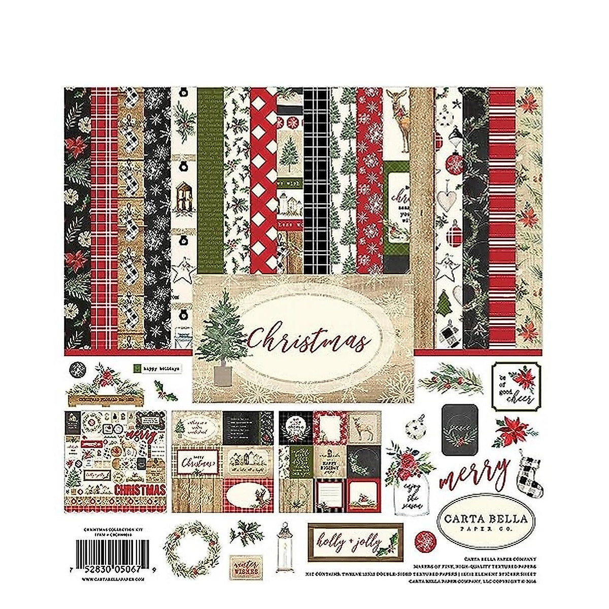 Carta Bella Paper Company Christmas Collection Kit paper, Red/Green/Black/Tan, 12-x-12-Inch