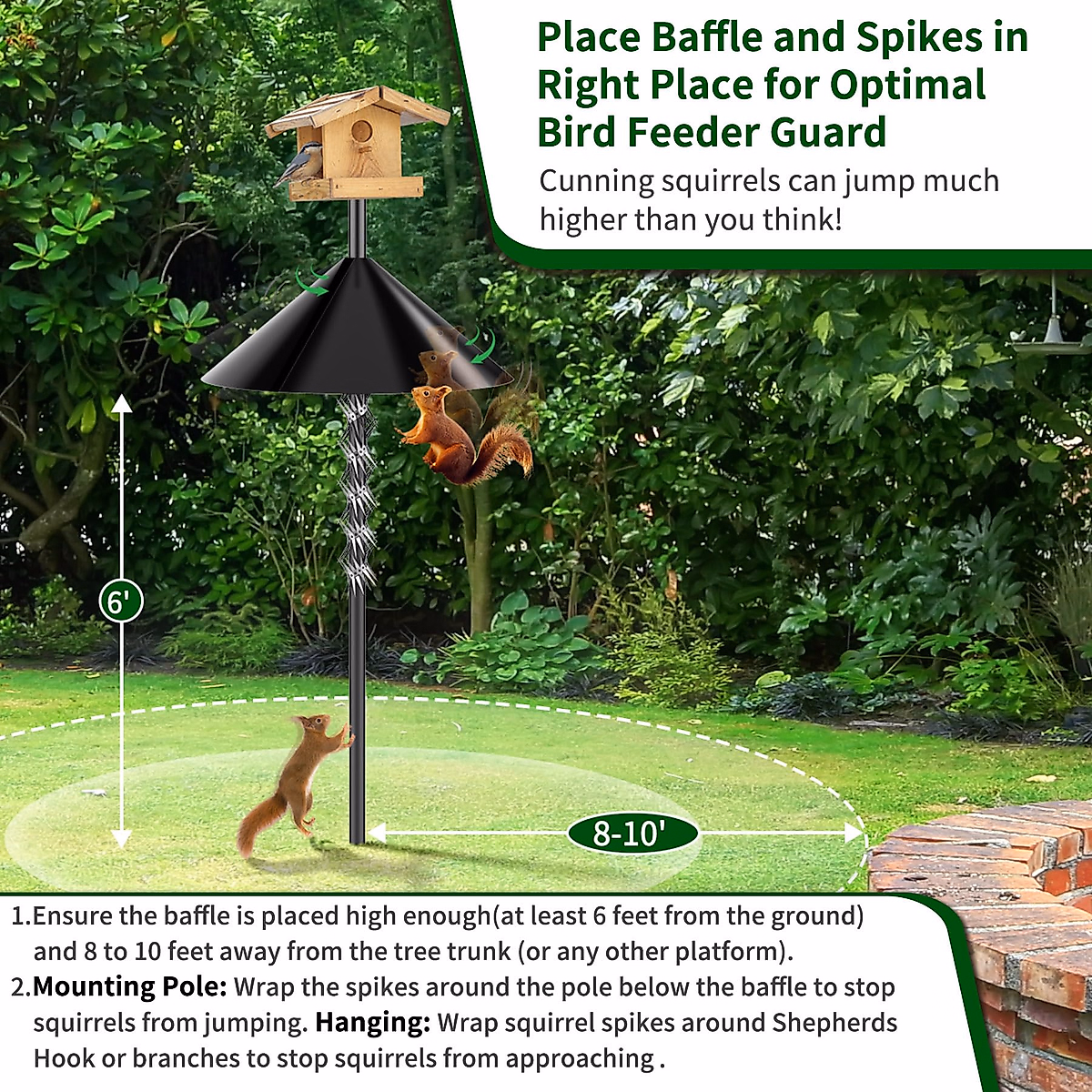 HQBRO 19 Inch 2 IN 1 Squirrel Baffle for Bird Feeder Pole Shepherd's Hook, Raccoons Buster Set with Spikes L 40", Bird House Guard for Outdoor Poles Mount & Hanging Cone,Rust Chew Proof Heavy Duty ABS